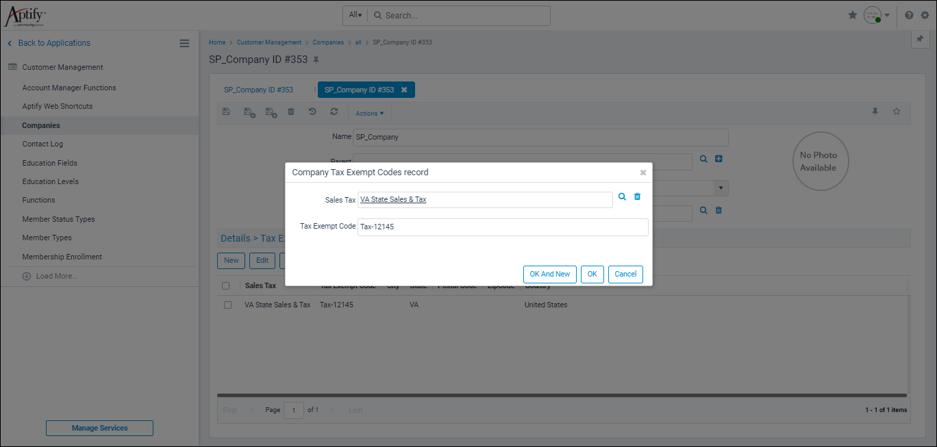 About the Company Tax Exempt Codes Form – Aptify Support